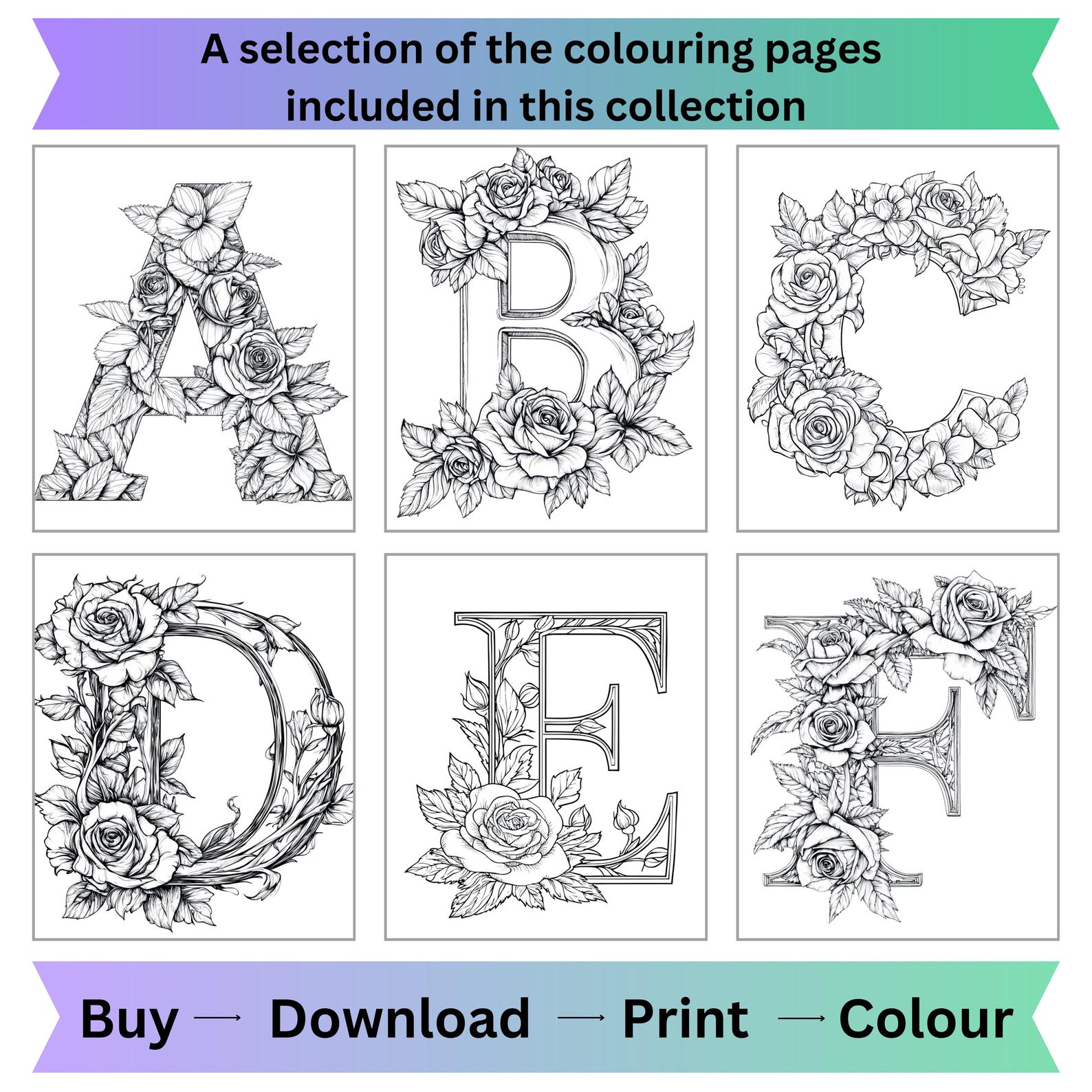 Floral Roses Alphabet Letter Art Coloring Pages, Flower Adult Colouring ...