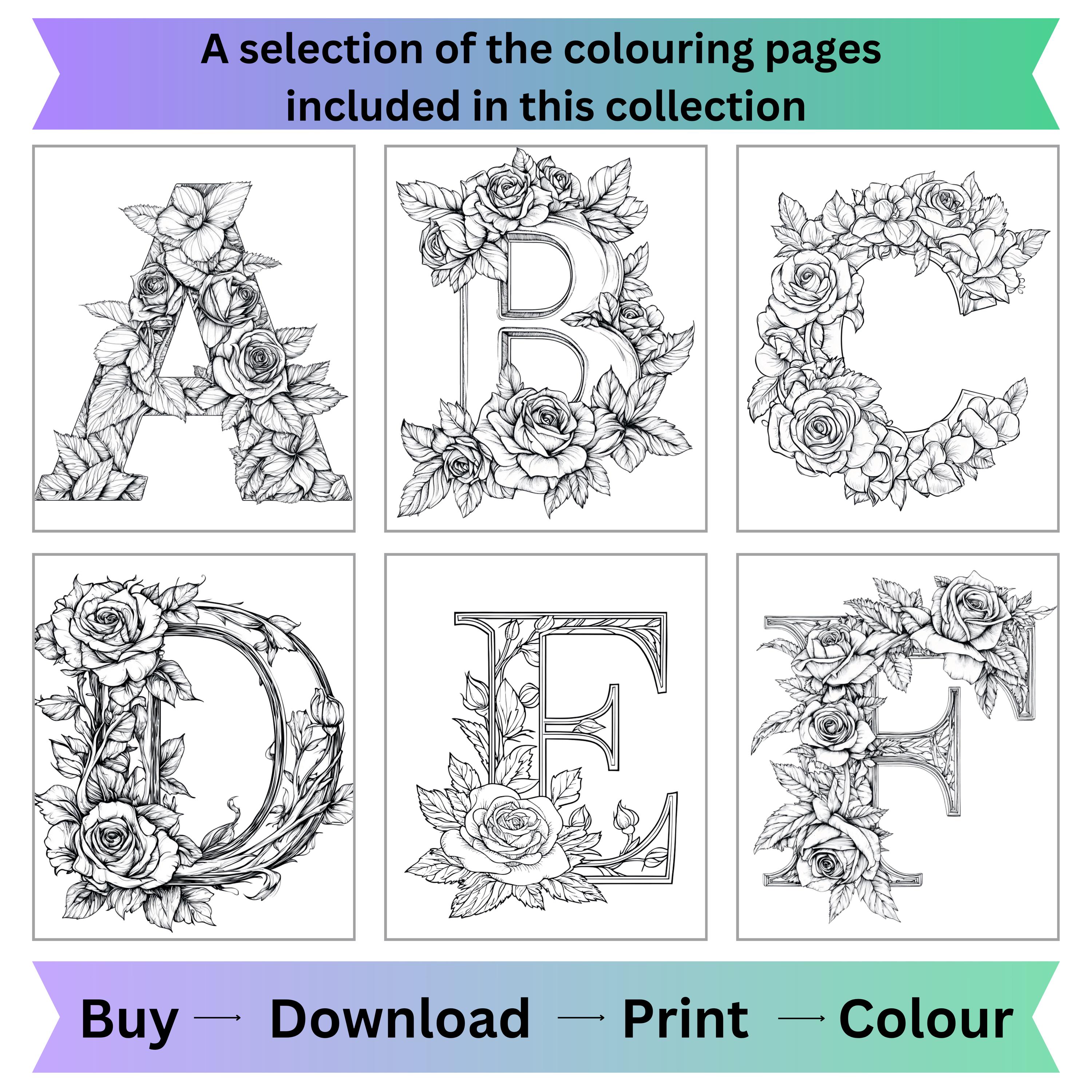 Floral Roses Alphabet Letter Art Coloring Pages, Flower Adult Colouring ...