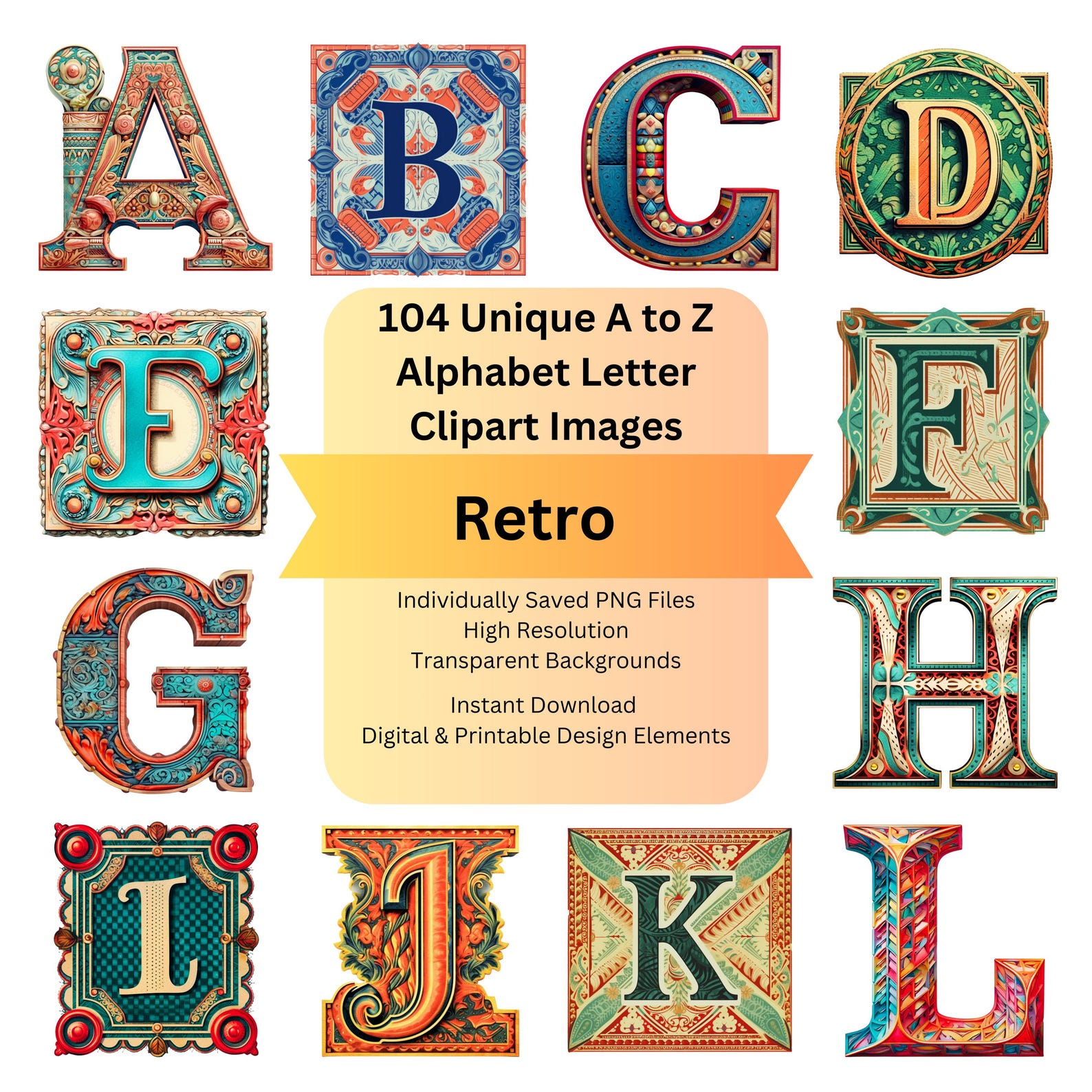 Retro Clipart Alphabet Letters PNG Files for Digital Download ...