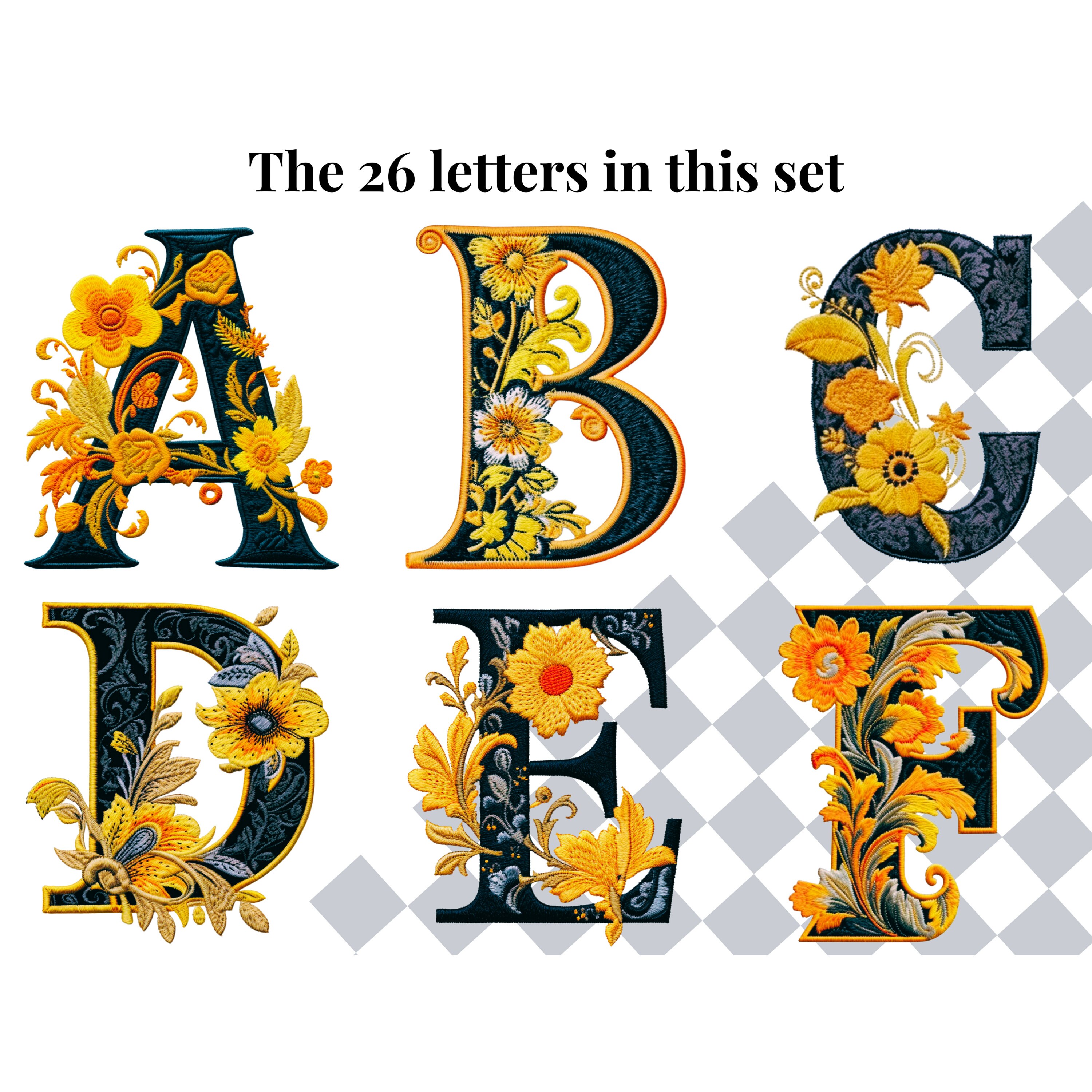 Floral Embroidery Alphabet Clipart: Yellow Flower Letters (digital ...