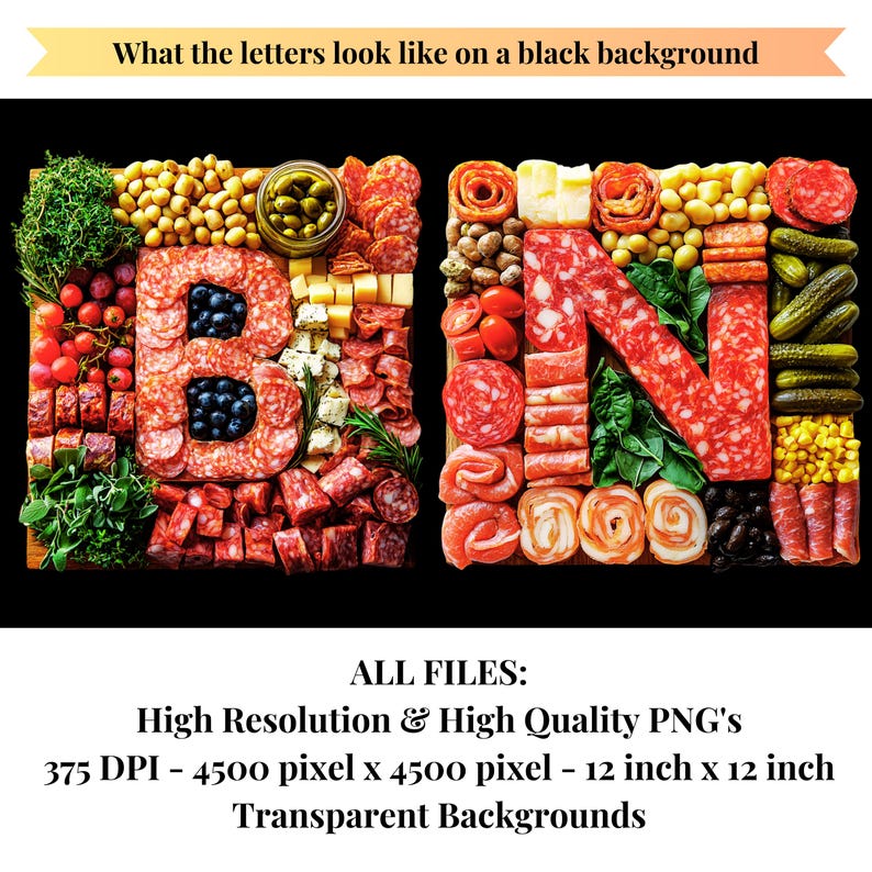 Charcuterie Food Alphabet Clipart: A-Z Letters (PNG Digital Download ...