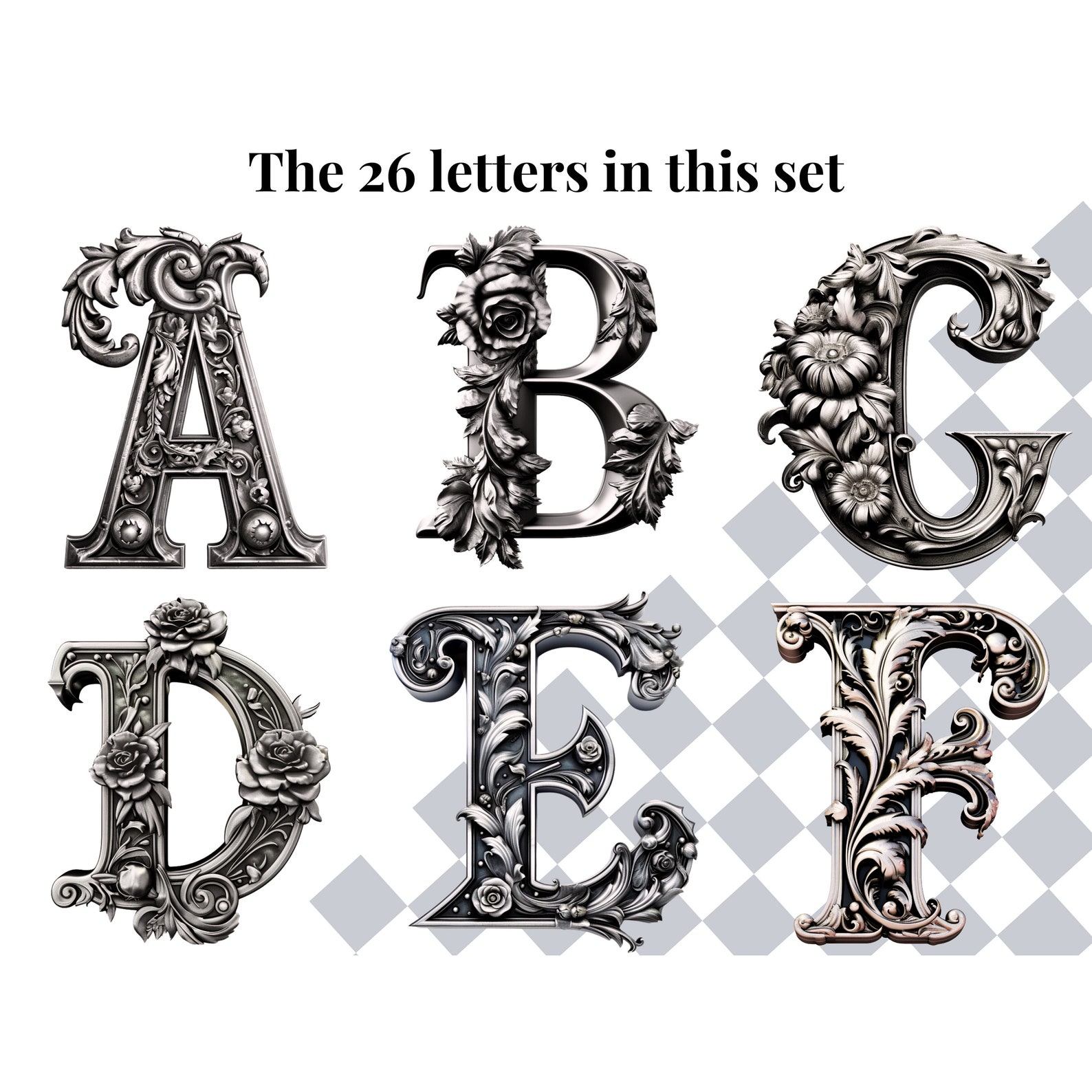 Gothic Clipart Alphabet Letters PNG Files for Silver Rose Floral ...