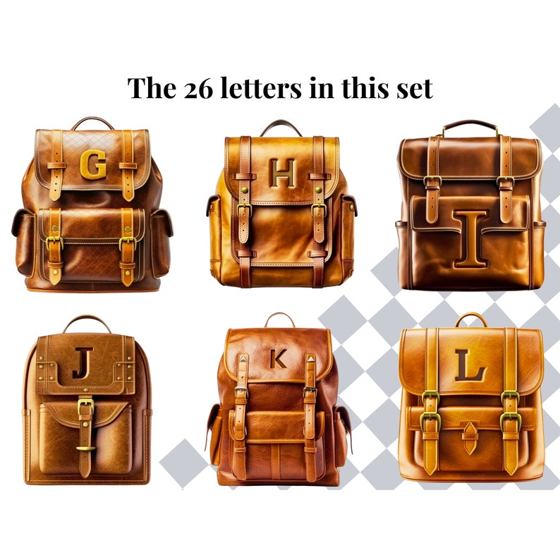 Leather Backpack Alphabet Clipart: Vintage PNG Letters (digital ...
