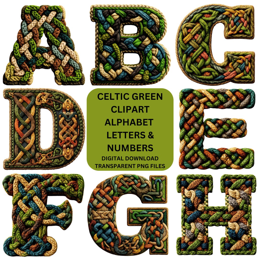 Green Celtic Alphabet Letters & Numbers, Transparent Clipart Font PNG ...