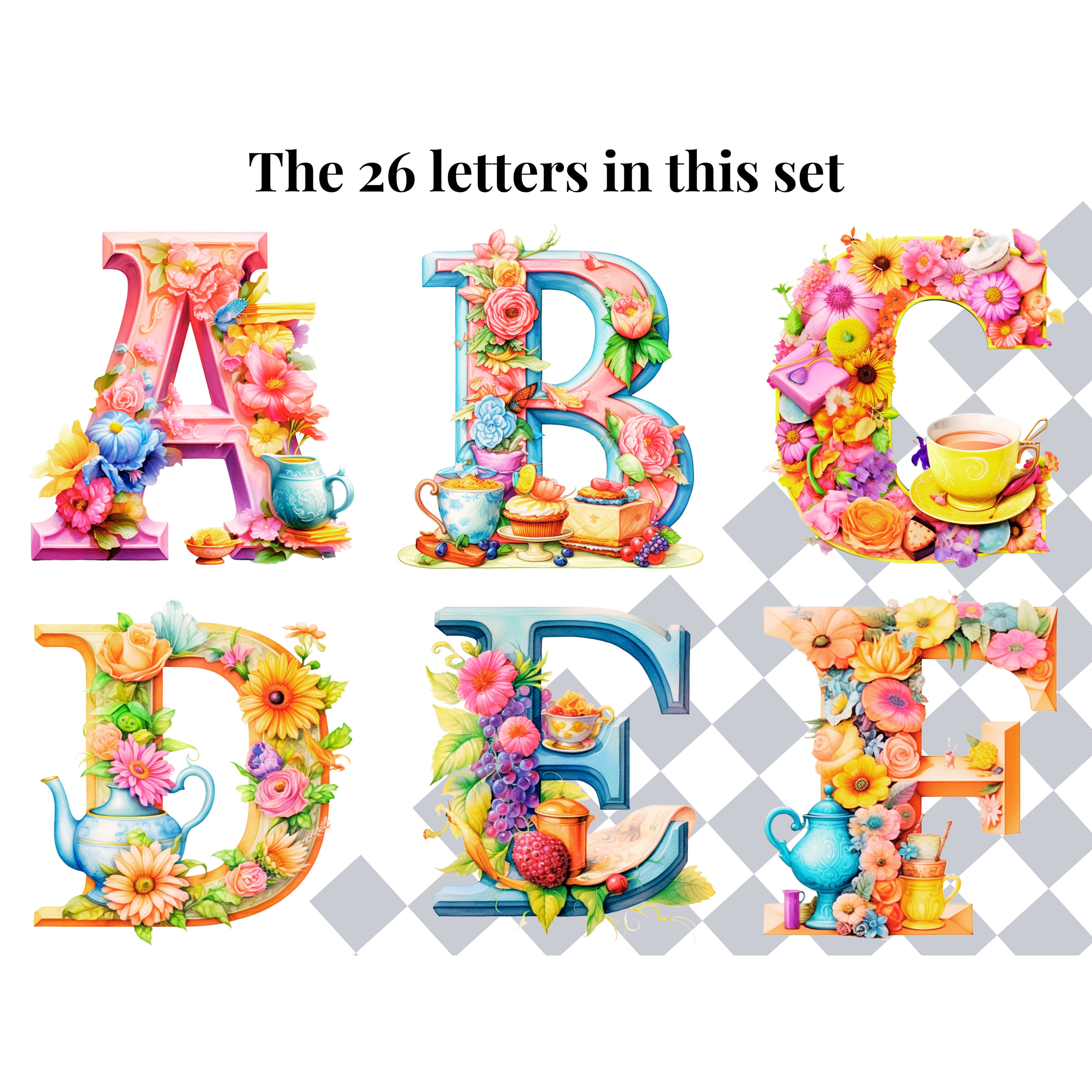 Floral Alphabet Tea Party Letters PNG for Pastel Clipart Vintage ...
