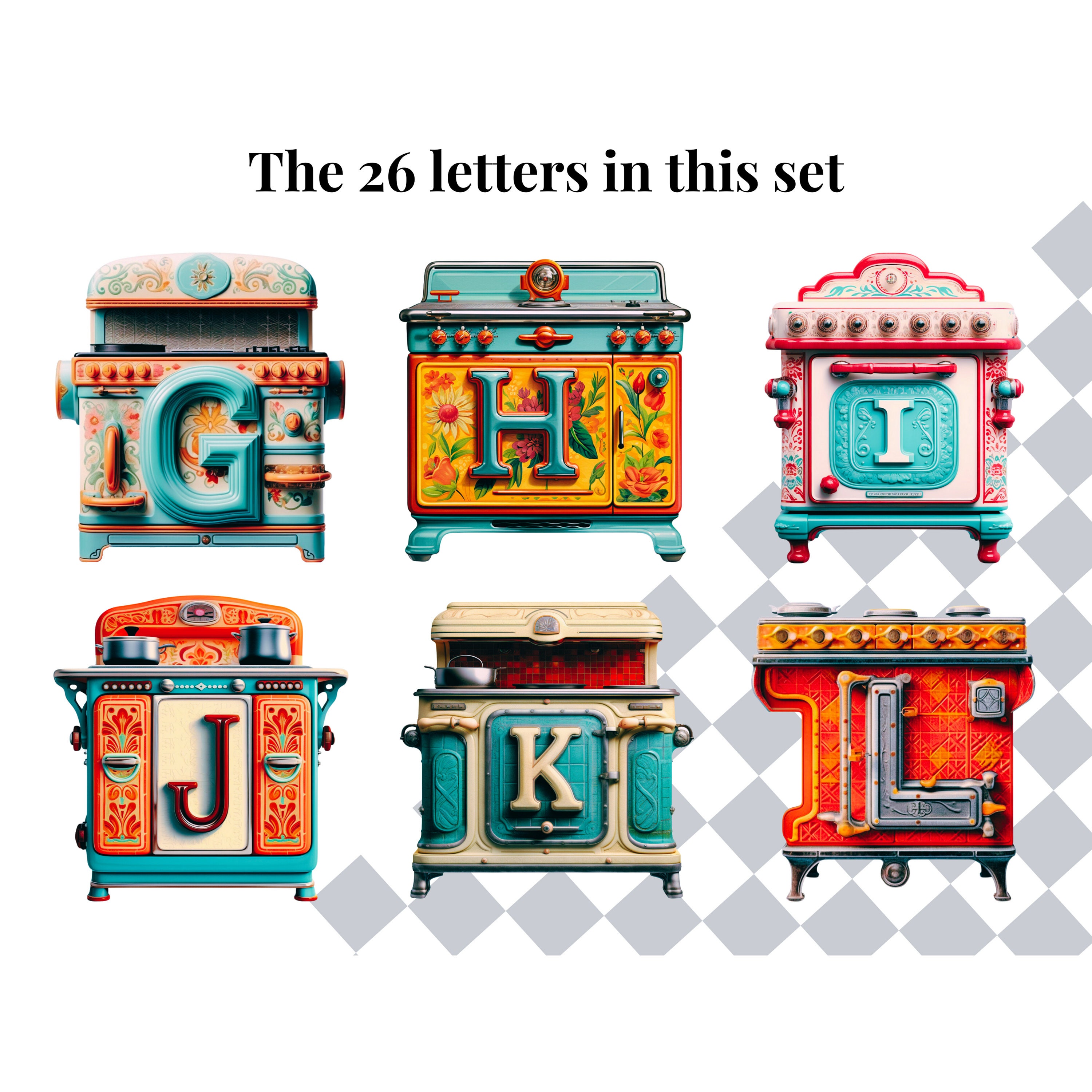Retro Kitchen Clipart Alphabet: Vintage Stove Letters (PNG Digital ...