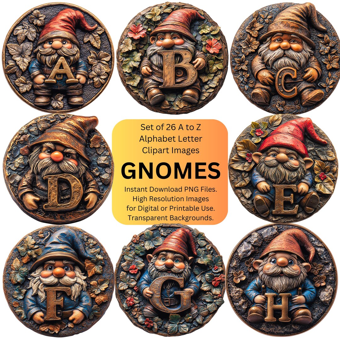 Gnome Alphabet Clipart: A-Z Monogram Letters (PNG Digital Files) - Etsy