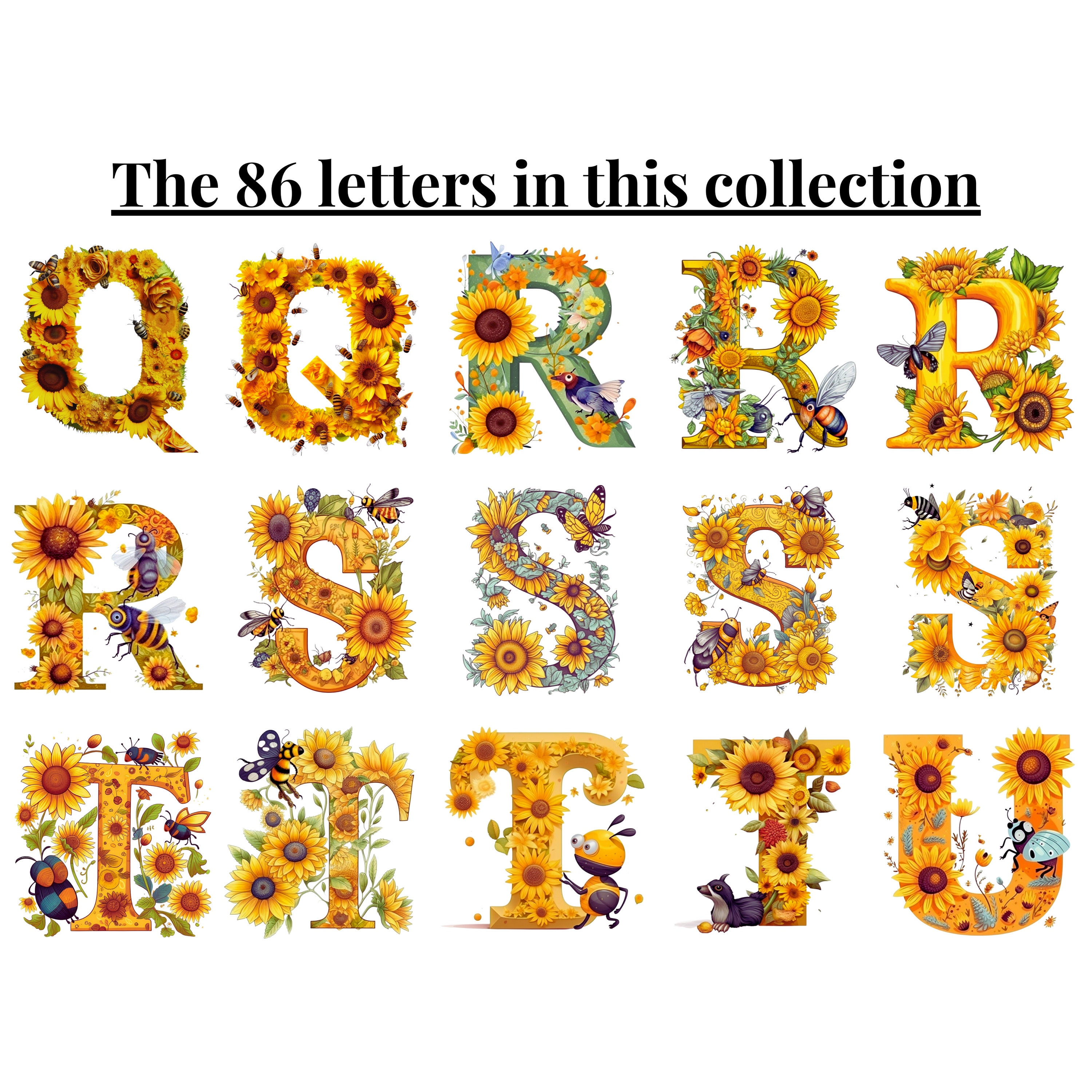 Bee and Sunflower Clipart Alphabet Letters PNG Files for Floral Digital ...