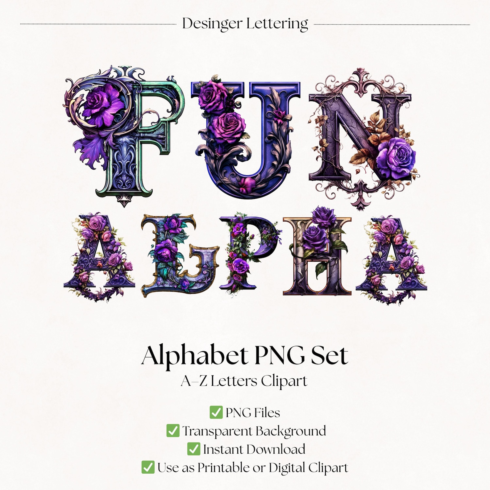 Gothic Rose Clipart Letters | Purple Floral Alphabet Lettering PNG ...