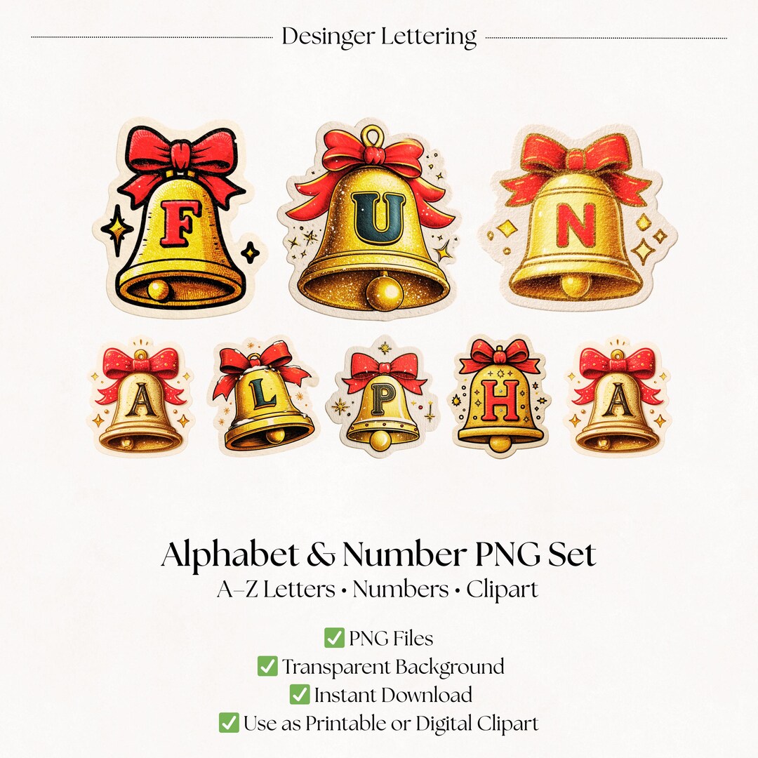 Christmas Bell Clipart Alphabet Letters and Numbers | Vintage Xmas ...