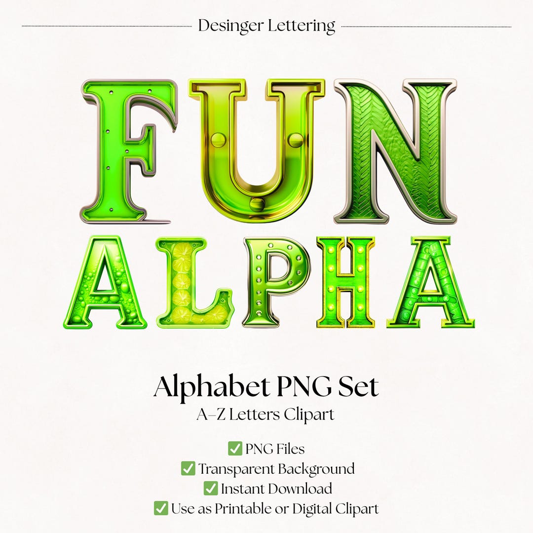 Retro Clipart Alphabet Letters | PNG Lime Green Fonts | Neon Typography ...