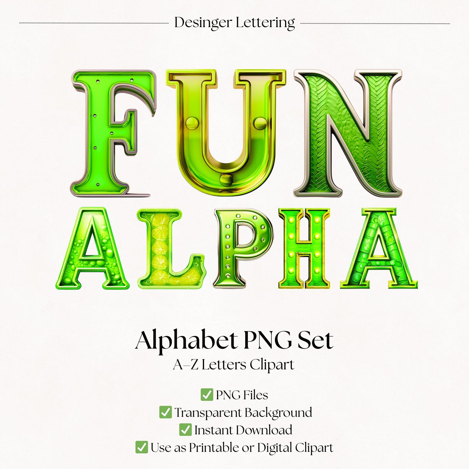 Retro Clipart Alphabet Letters | PNG Lime Green Fonts | Neon Typography ...