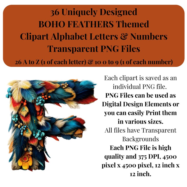 Boho Vibrant Feather Clipart Letters, Ready to Print Bohemian Clip Art ...
