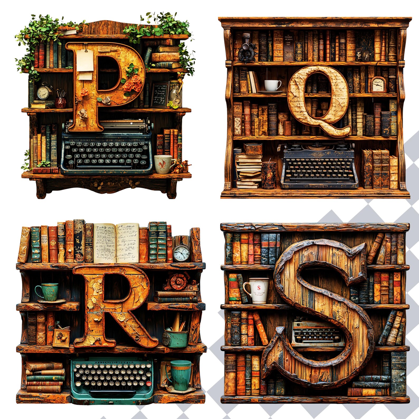 Book Clipart Alphabet Letters | Rustic Bookshelf PNG Images | Library ...
