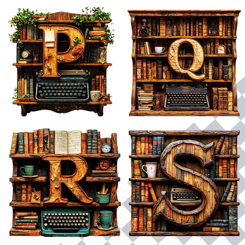 Typewriter Bookshelf Clipart Alphabet Letters for Writer & Author ...