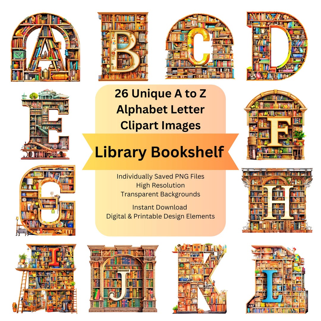 Library Bookshelf Alphabet Clipart: Vintage PNG Letters (digital ...