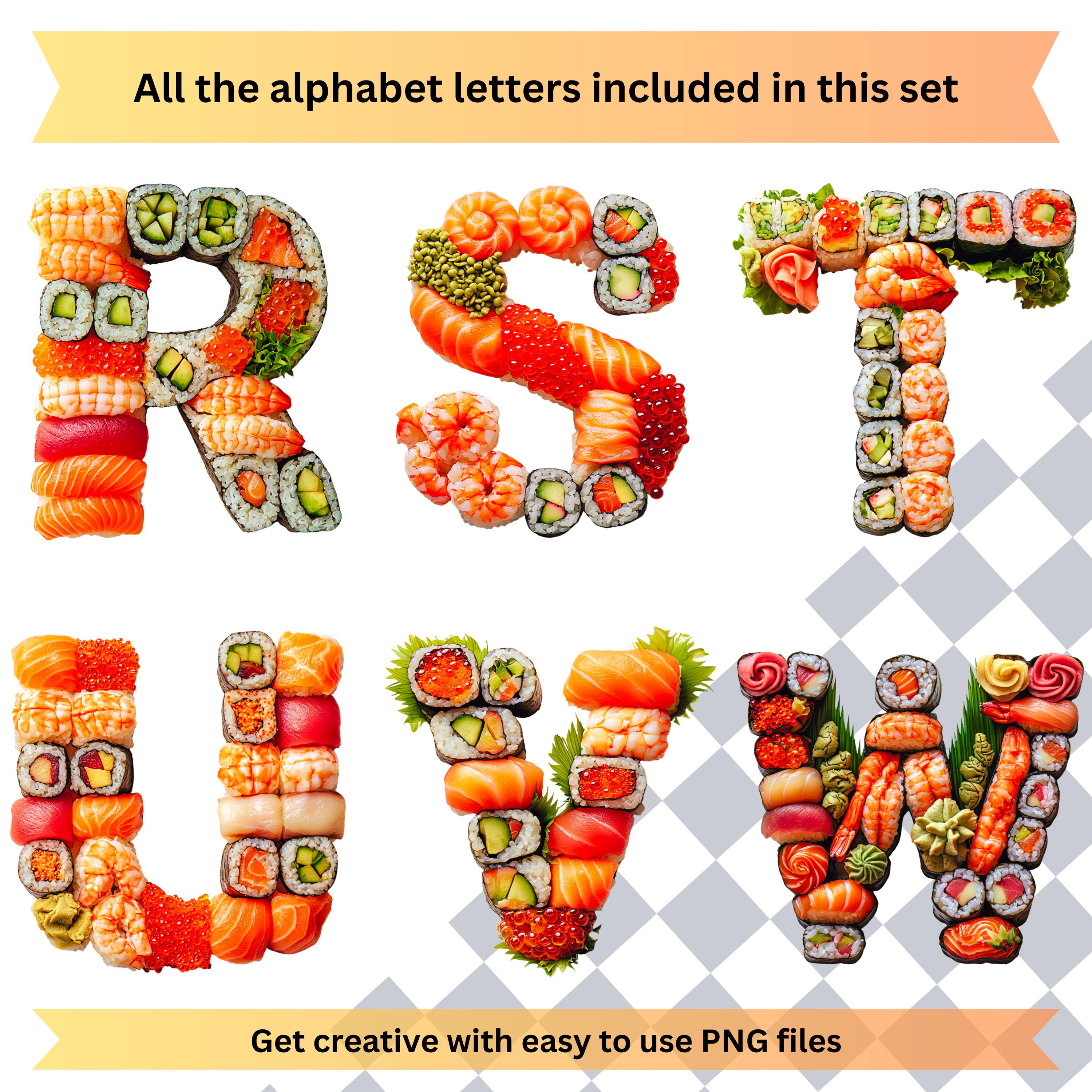 Sushi Alphabet Clipart: Food Letters PNG Set (commercial Use) - Etsy