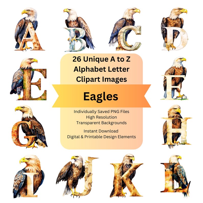 Eagle Alphabet Clipart: Watercolor Animal Letters, Bird Theme (digital ...