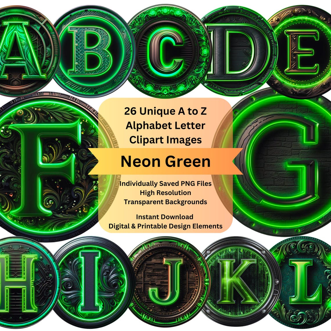 Neon Green Alphabet Clipart: A-Z PNG Files (digital Download) - Etsy