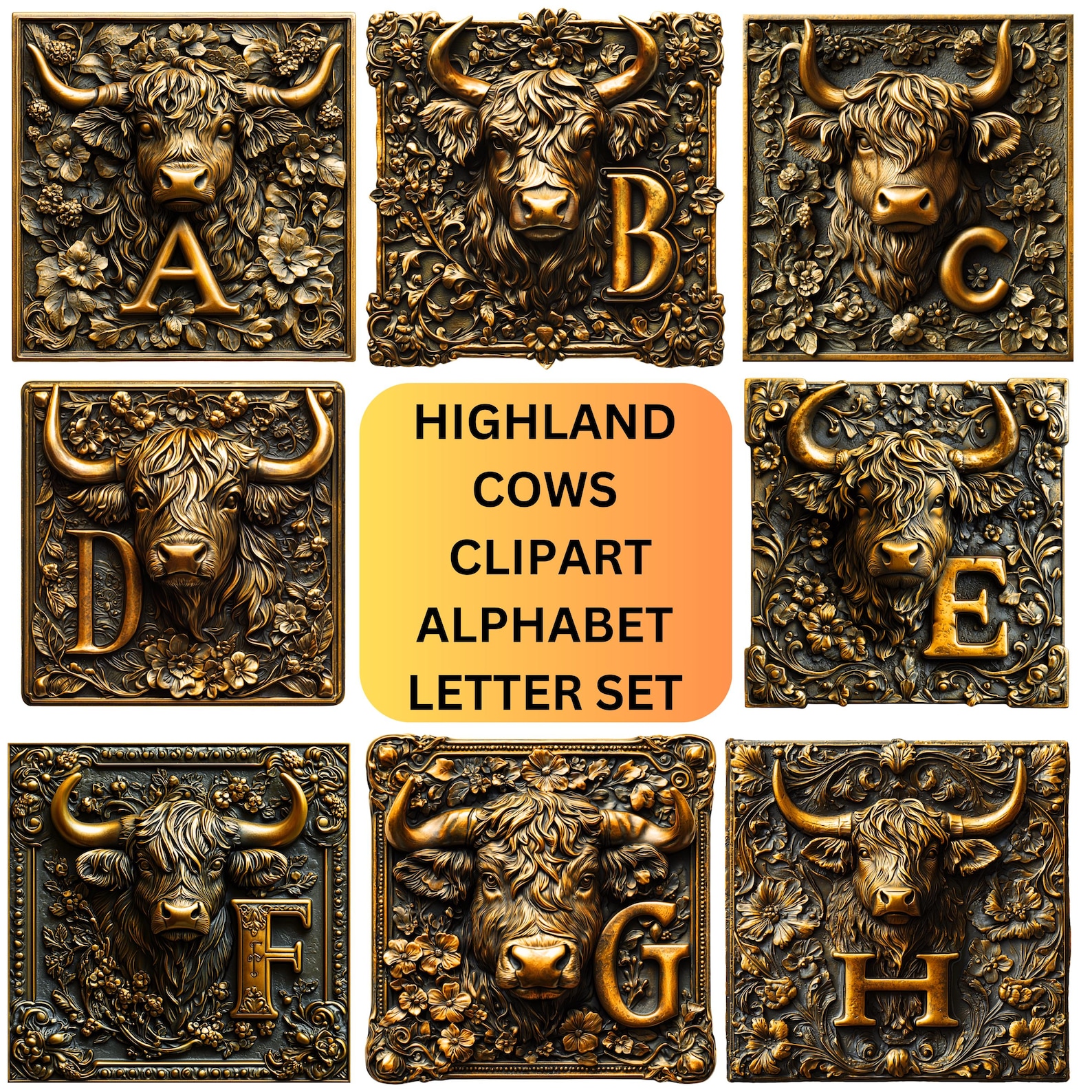 Highland Cow Clipart Farm Animal PNG Alphabet Letters for Fonts for ...
