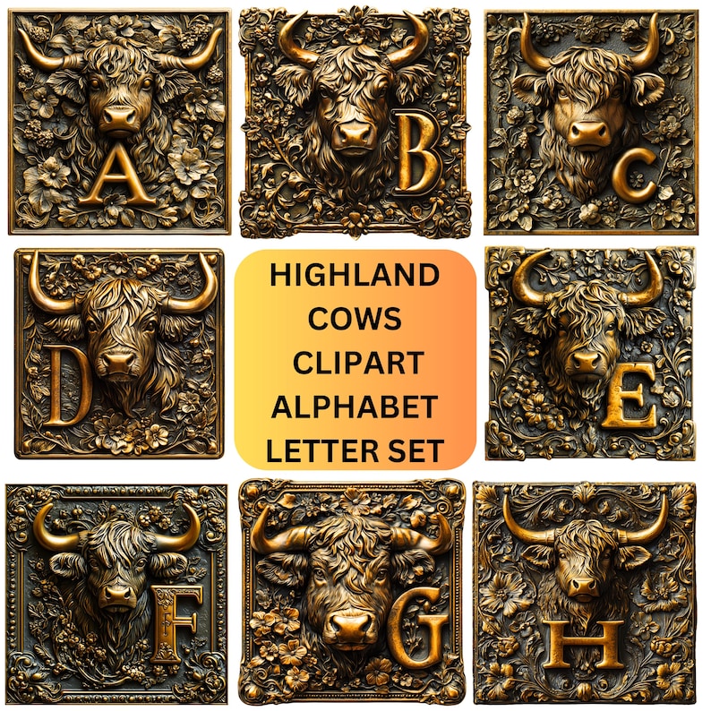 Highland Cow Clipart Farm Animal PNG Alphabet Letters for Fonts for ...