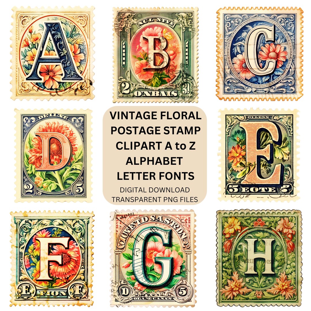 Vintage Postage Stamp Alphabet Clipart: Printable & Digital Letters ...
