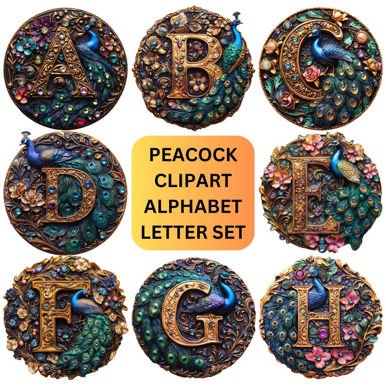 Peacock Clipart PNG Alphabet Letters for Cricut Designs, Bird Clip Art ...