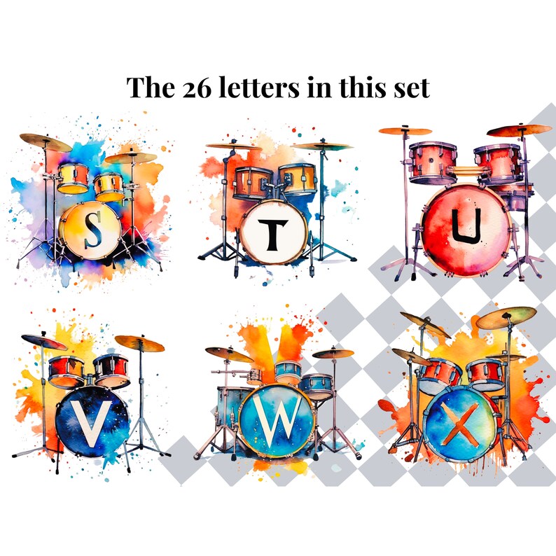 Watercolor Drum Set Alphabet Clipart: A-Z PNG Letters (digital Download ...