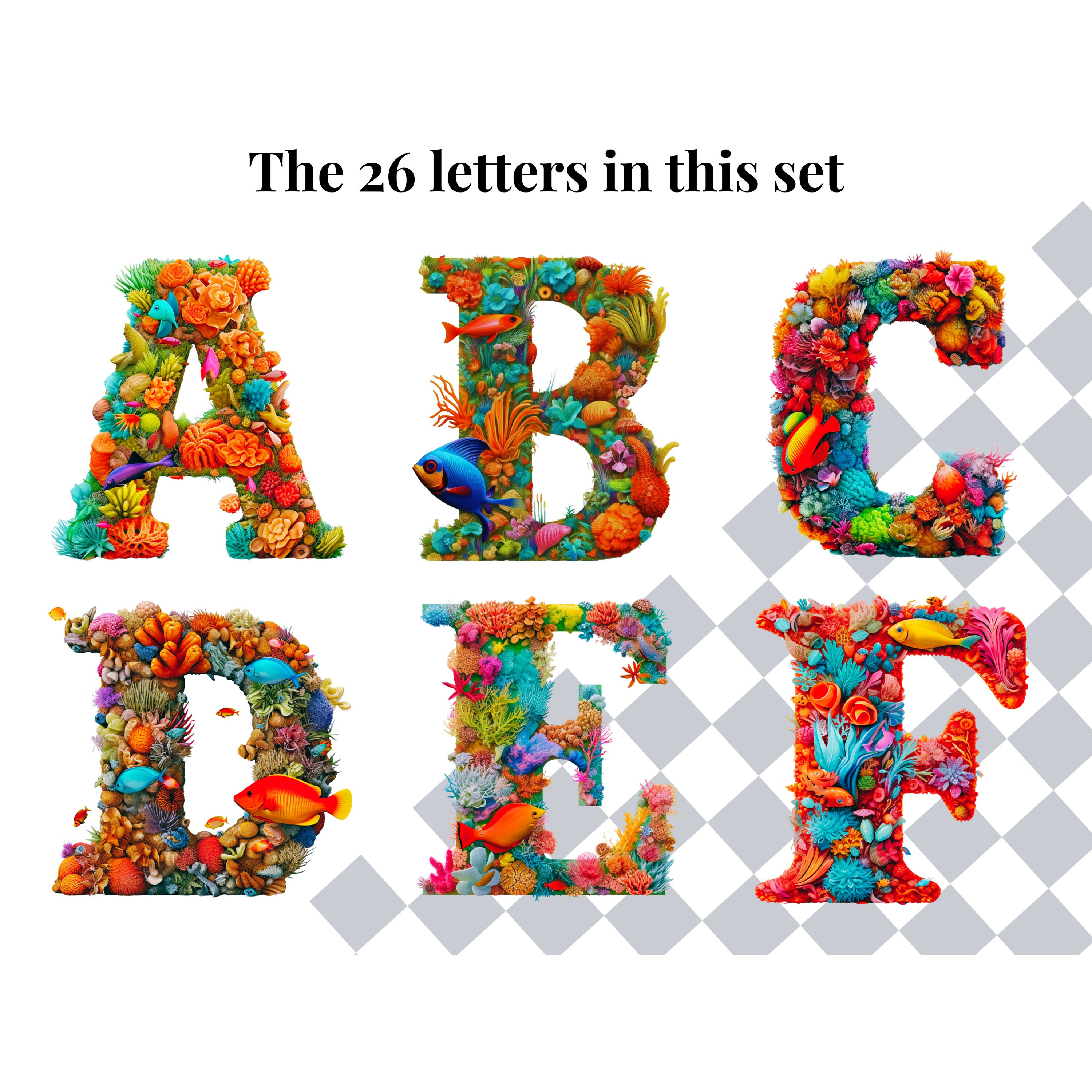Under the Sea Alphabet Clipart: Fish & Coral Letters (PNG, Commercial ...