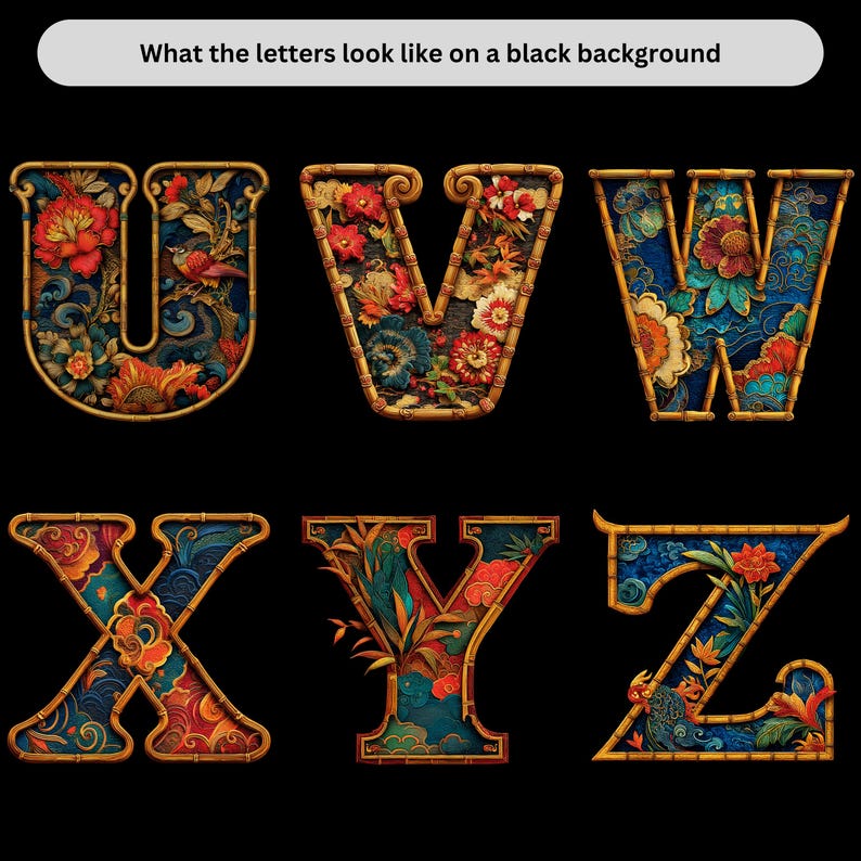 Asian Clipart Alphabet: Oriental Letters, Bamboo Design (PNG Digital ...