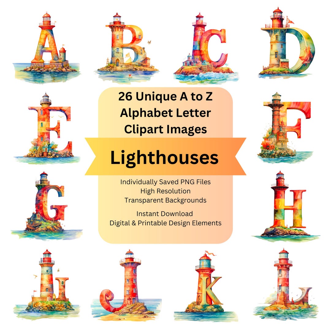 Lighthouse Alphabet Clipart: Watercolor Letters, Scrapbooking (digital ...