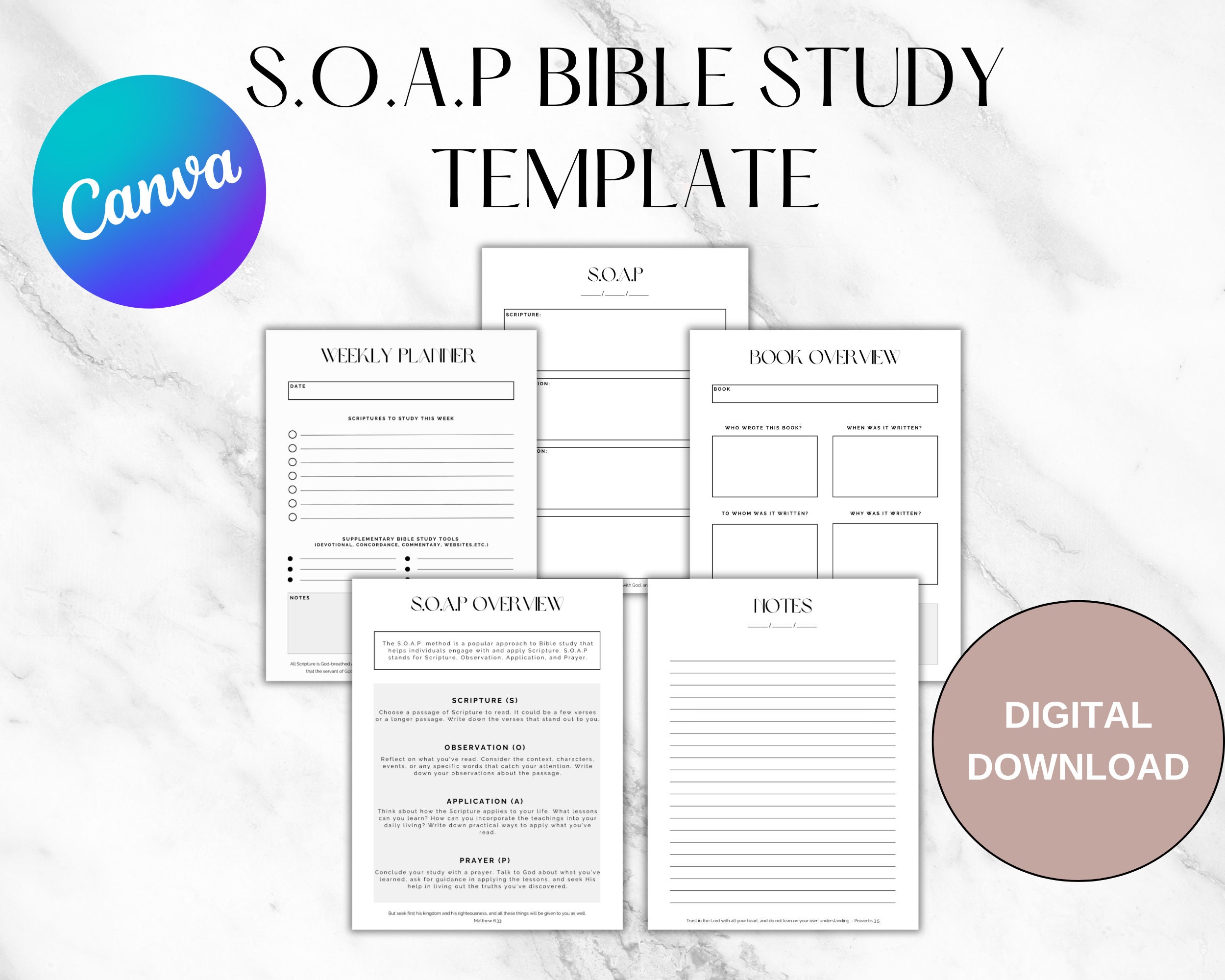 SOAP Bible Study Template, Bible Study Bundle, Canva Template, Digital ...