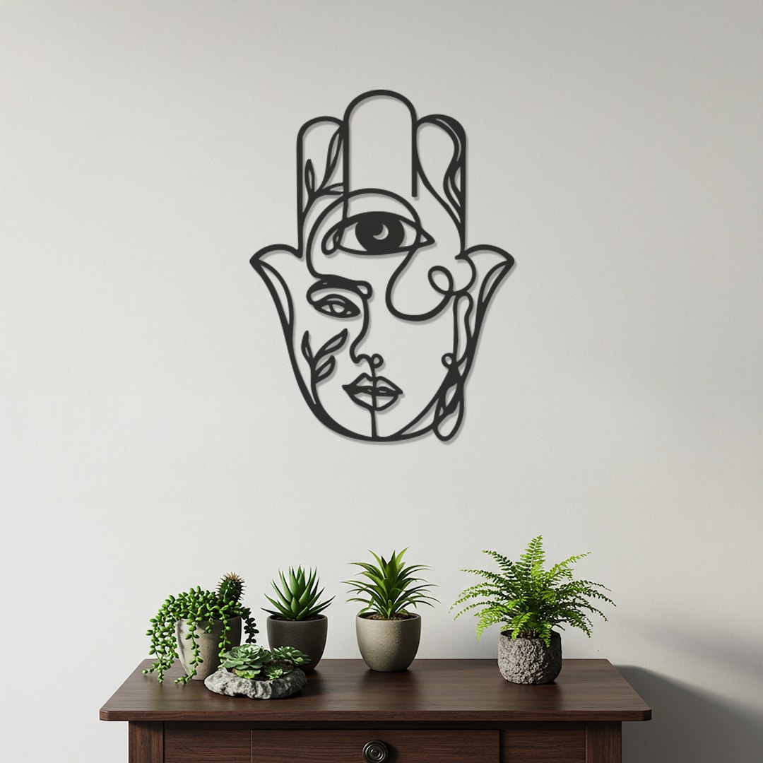 Hamsa Hand Metal Wall Art, Abstract Face Decor, Modern Wall Sculpture ...