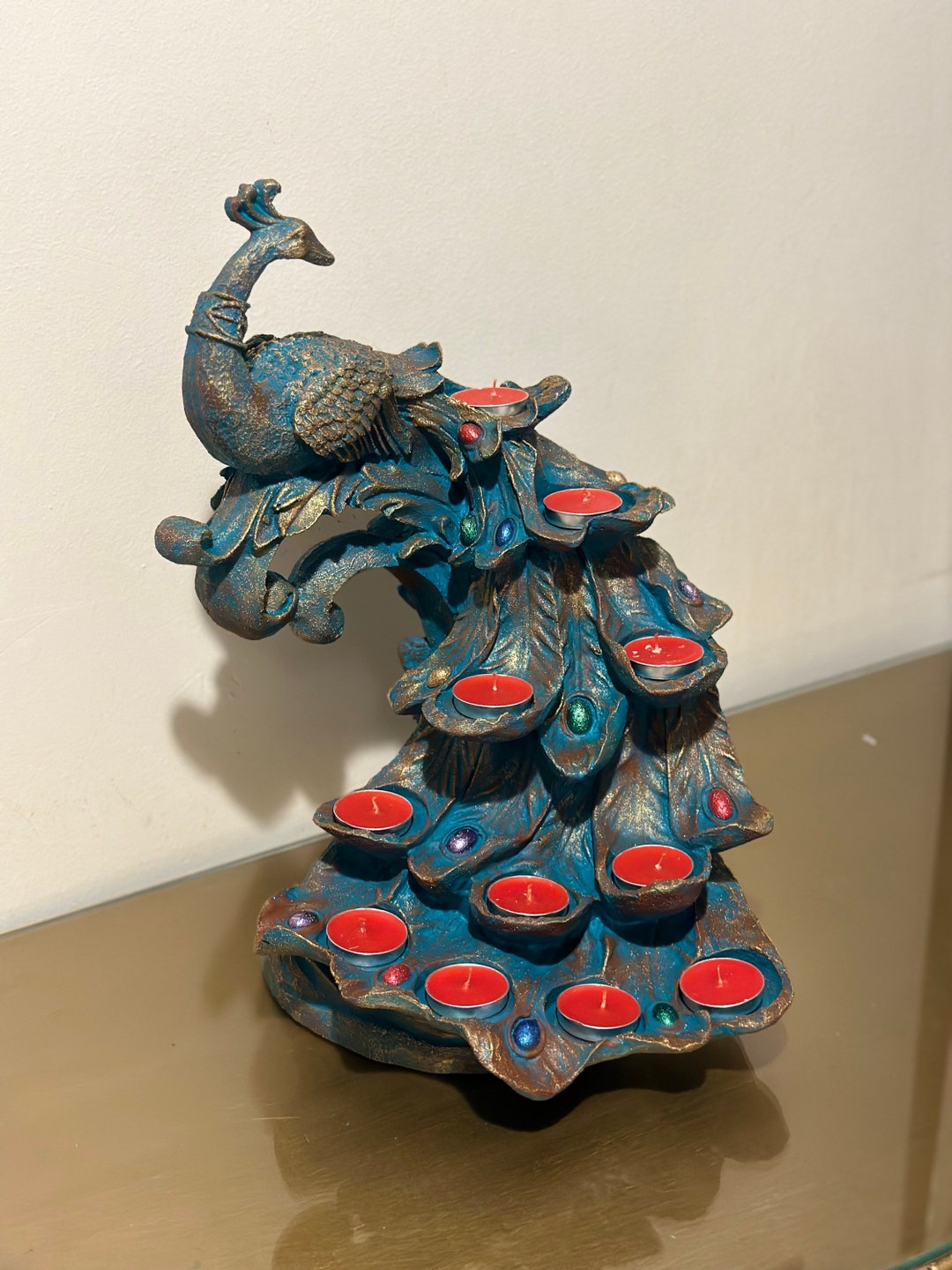 Hand Painted Peacock Candle Holder Statue, Tabletop Tealight, Gift ...