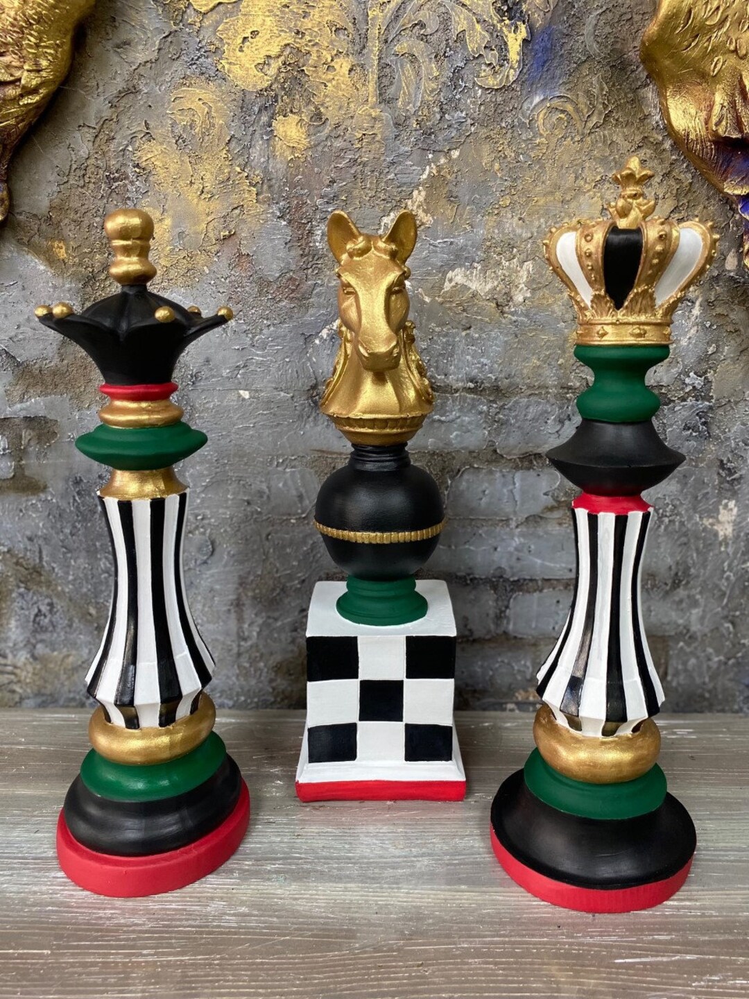Hand Painted Chess Set Statue, 3 Pieces Chess Set, Chess Set Sculpture ...