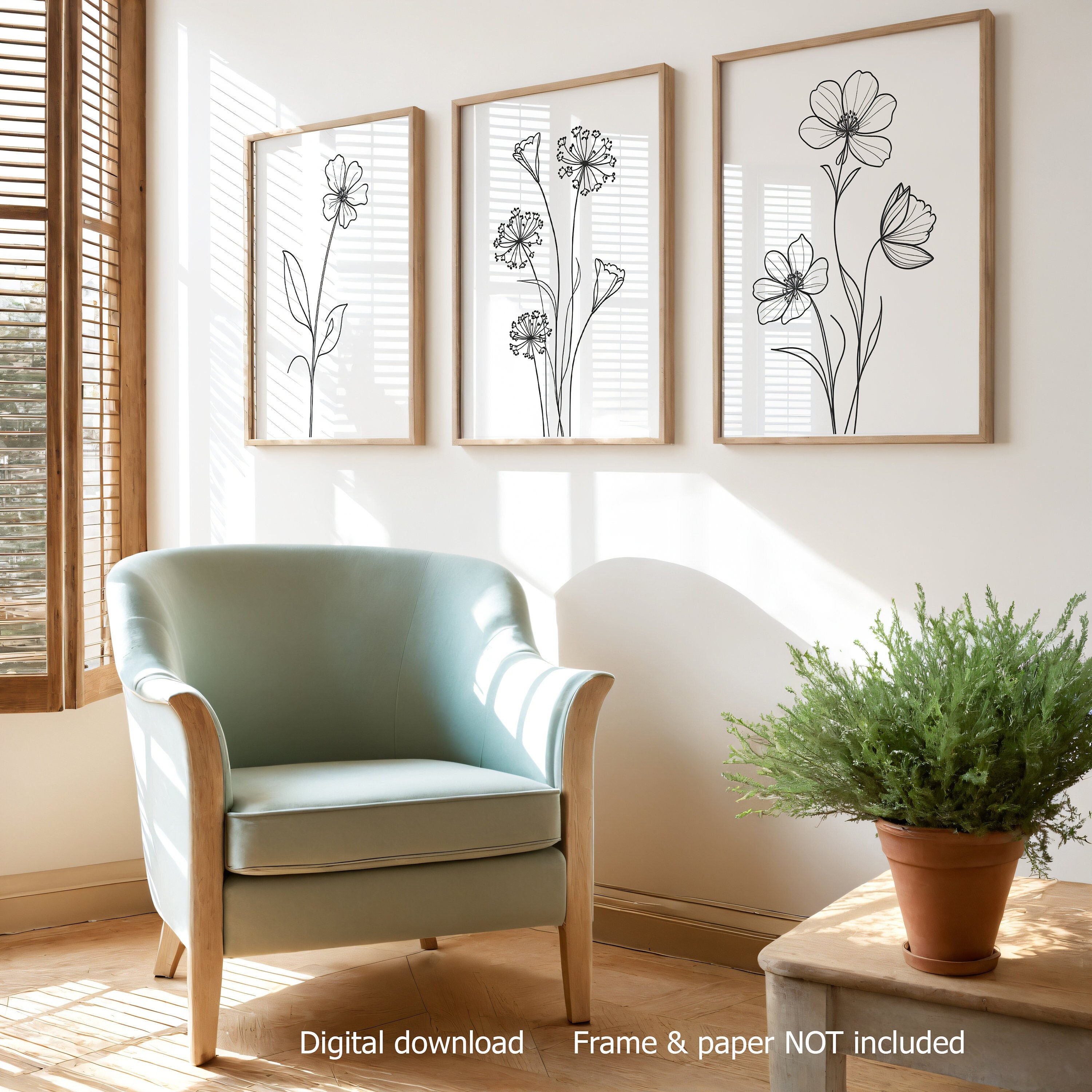 Gallery Wall Art Set of 3 Line Art Flowers Botanical One Line Art ...