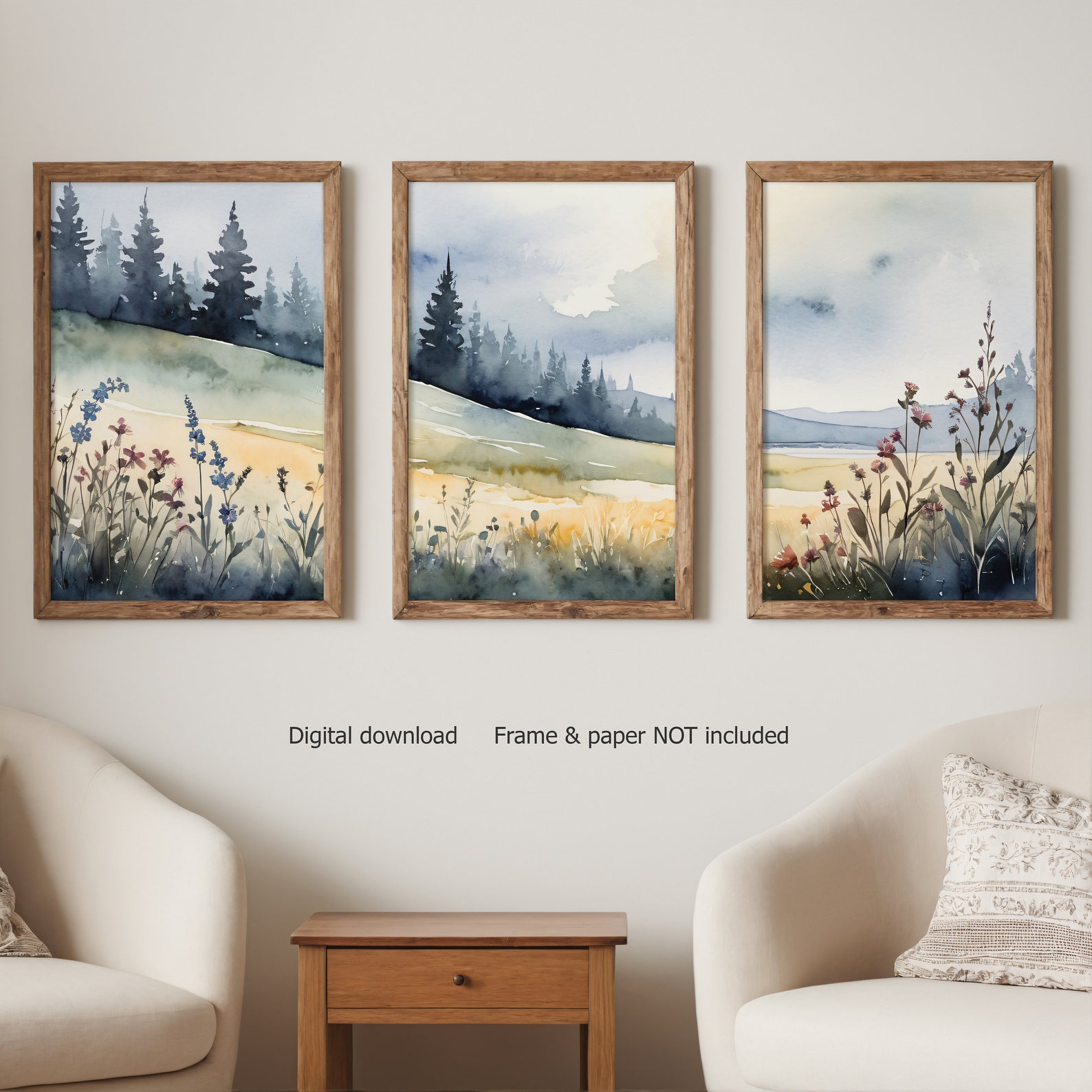 Downloadable Prints Set of 3 Landscape Painting | Landscape Wildflowers ...
