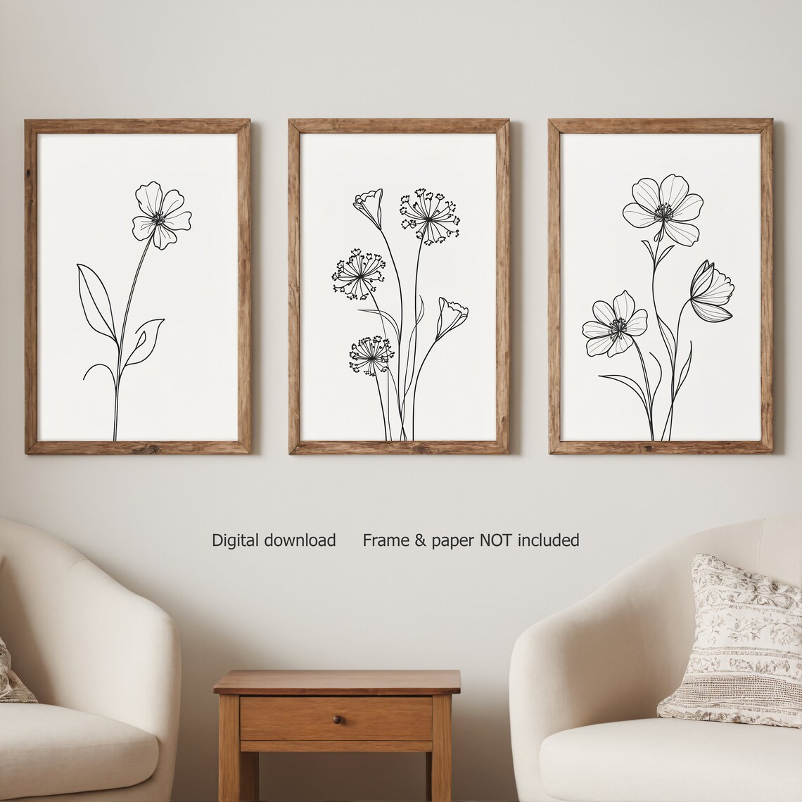 Gallery Wall Art Set of 3 Line Art Flowers | Botanical One Line Art ...