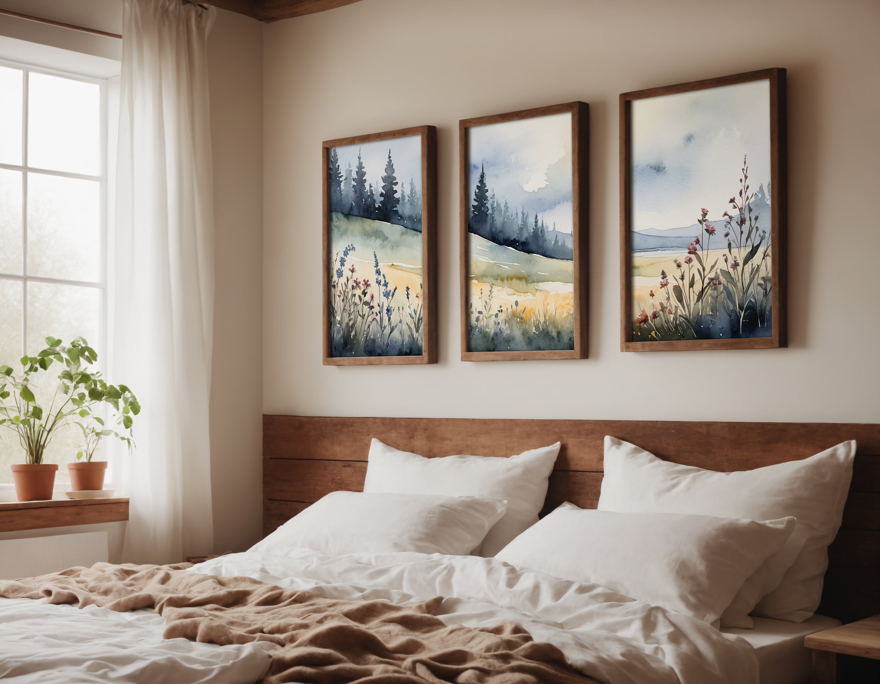 Downloadable Prints Set of 3 Landscape Painting | Landscape Wildflowers ...