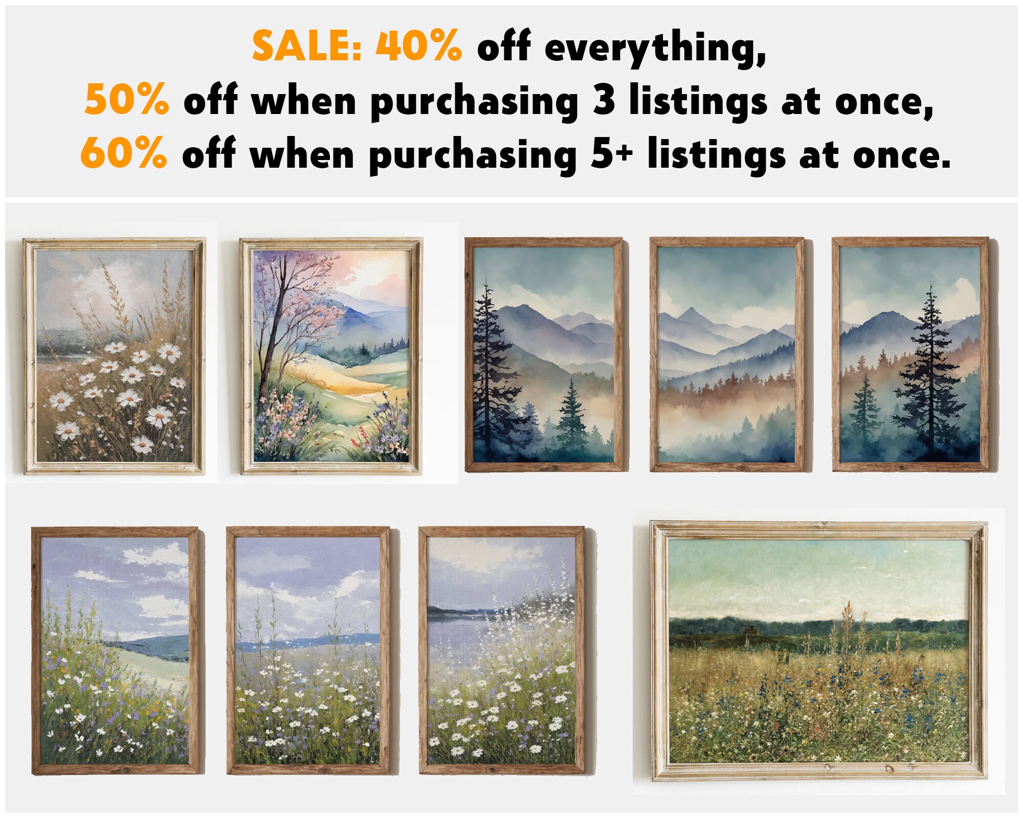Downloadable Prints Set of 3 Landscape Painting | Landscape Wildflowers ...
