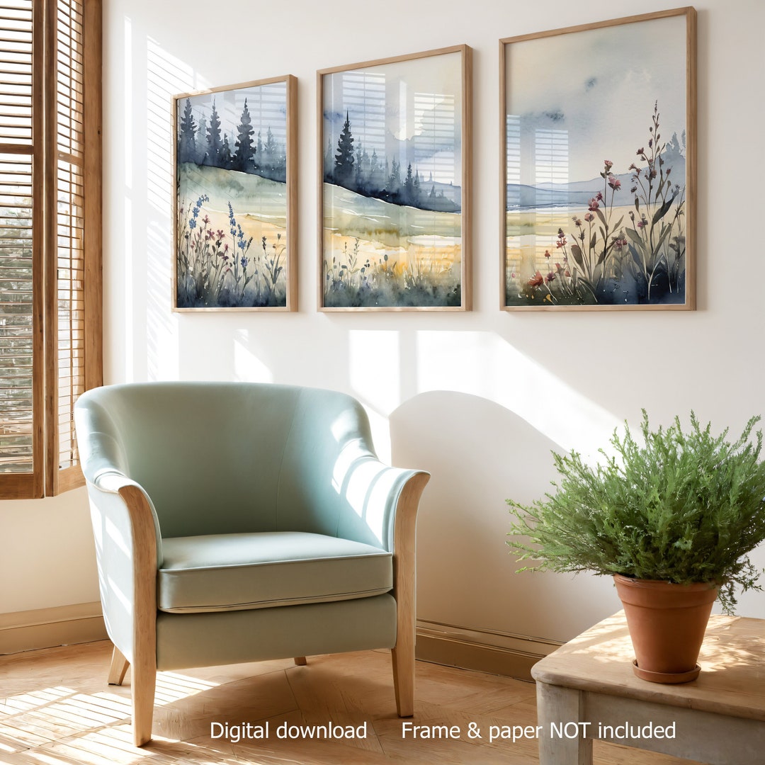 Downloadable Prints Set of 3 Landscape Painting | Landscape Wildflowers ...