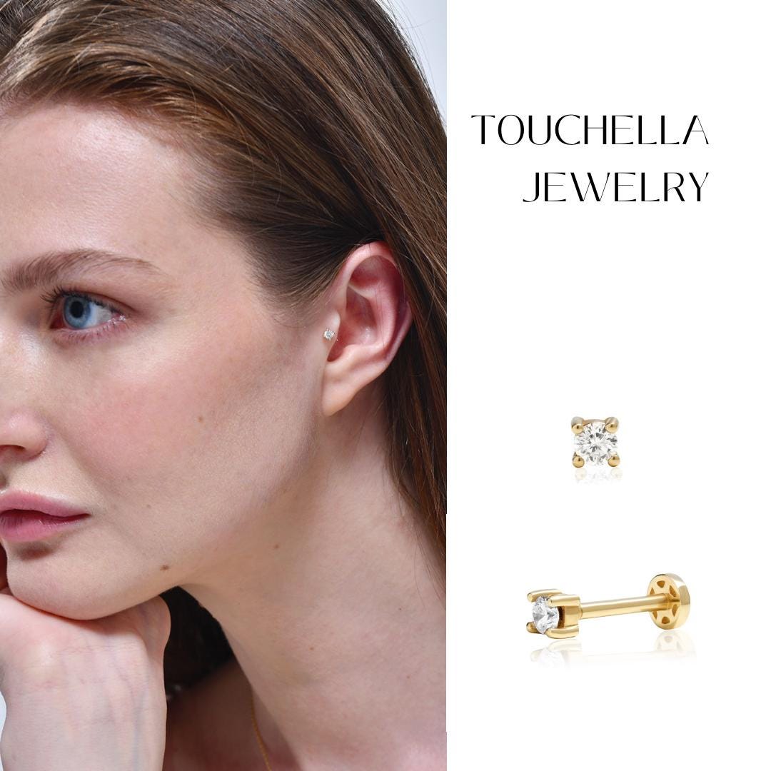 14k Gold Diamond Tragus Piercing: Solitaire Cartilage Earring - Etsy
