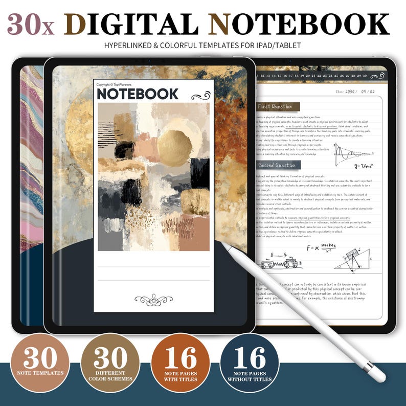 Digital Notebook: 30 Designs, Hyperlinked Tabs (goodnotes, Notability ...