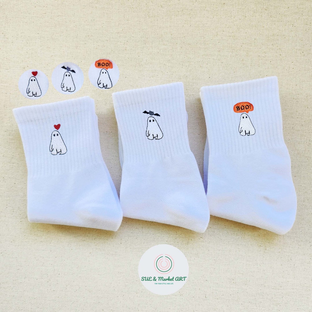 Ghost Embroidered Socks, Halloween Mid Crew Socks - Etsy