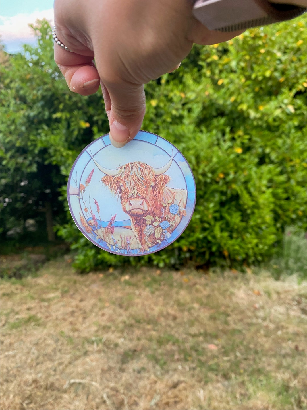 Highland Cow Sun Catcher, Round 8x8, Blue Outdoor Acrylic Stain Glass ...