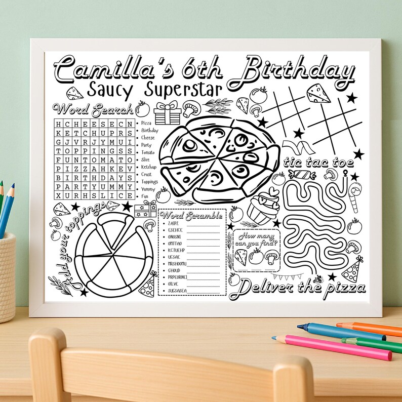 Custom Pizza Party Activity Sheet: Personalized Kids Coloring Placemat ...