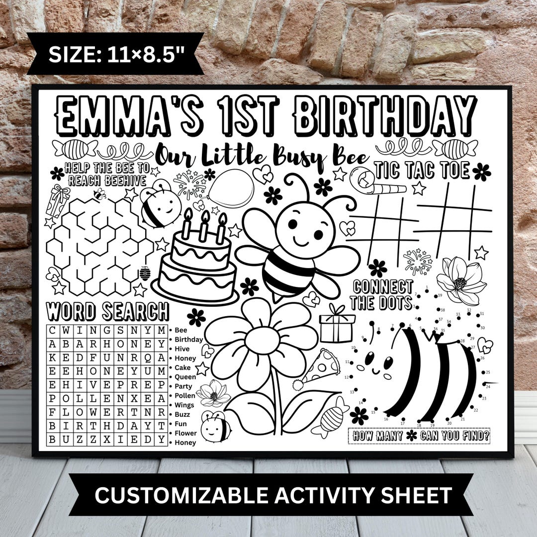 Personalized Bee Birthday Activity Sheet: Coloring Page (digital ...