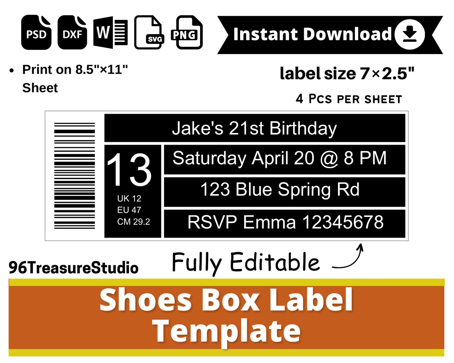 Shoe Box Label Template, SVG, DXF, Png, Ms Word Docx, PDF, Printable, 8 ...