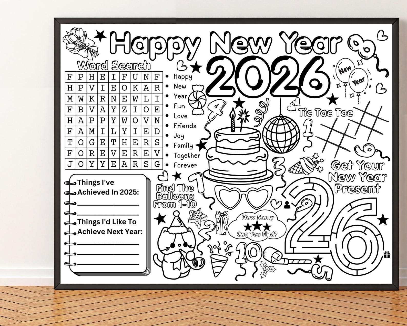 New Year 2026 Kids Activity Placemat, Happy New Year's Eve Coloring ...
