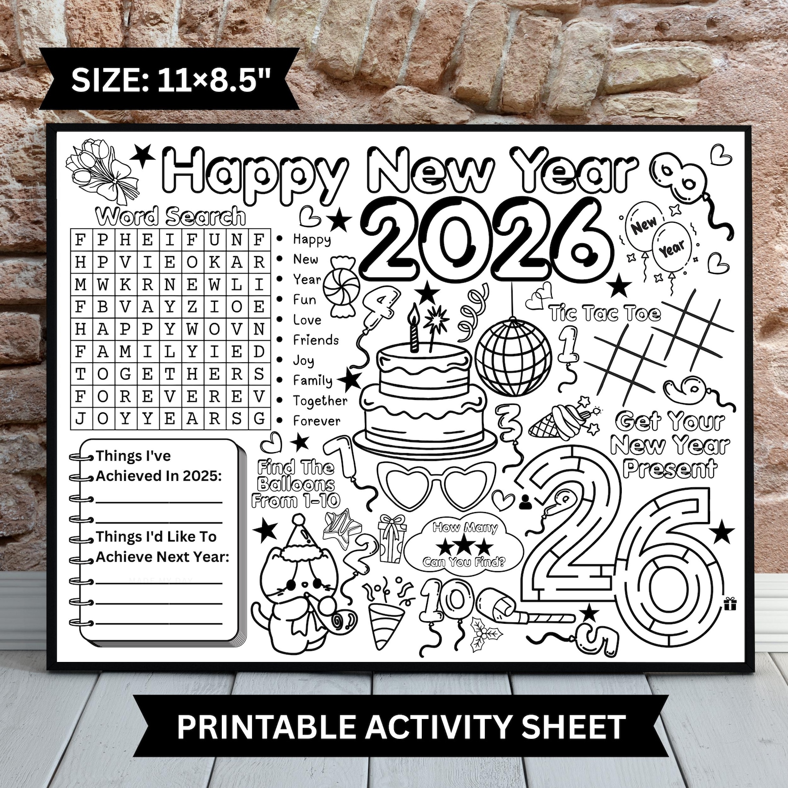 New Year 2026 Kids Activity Placemat, Happy New Year's Eve Coloring ...